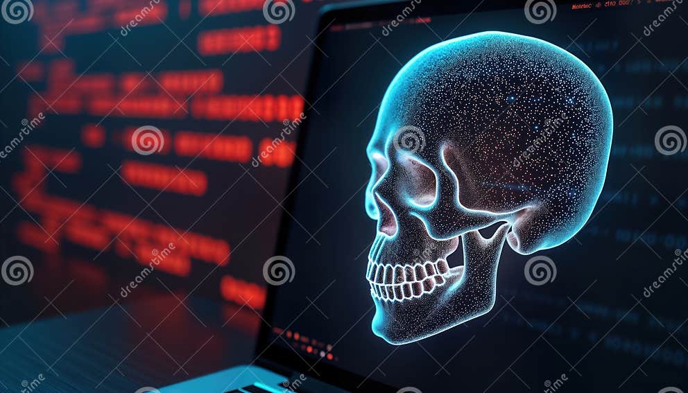 Digital Skull Graphic on Computer Screen Displays Cyberattack. Virtual ...