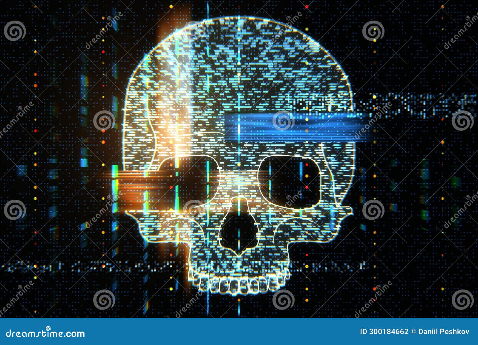 Digital Skull with Visual Noise and Glitch on a Dark Pixelated ...