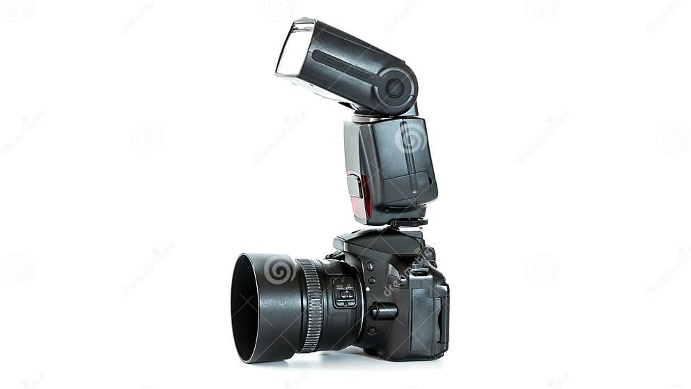 Digital SLR Camera with Flash Stock Photo - Image of background ...