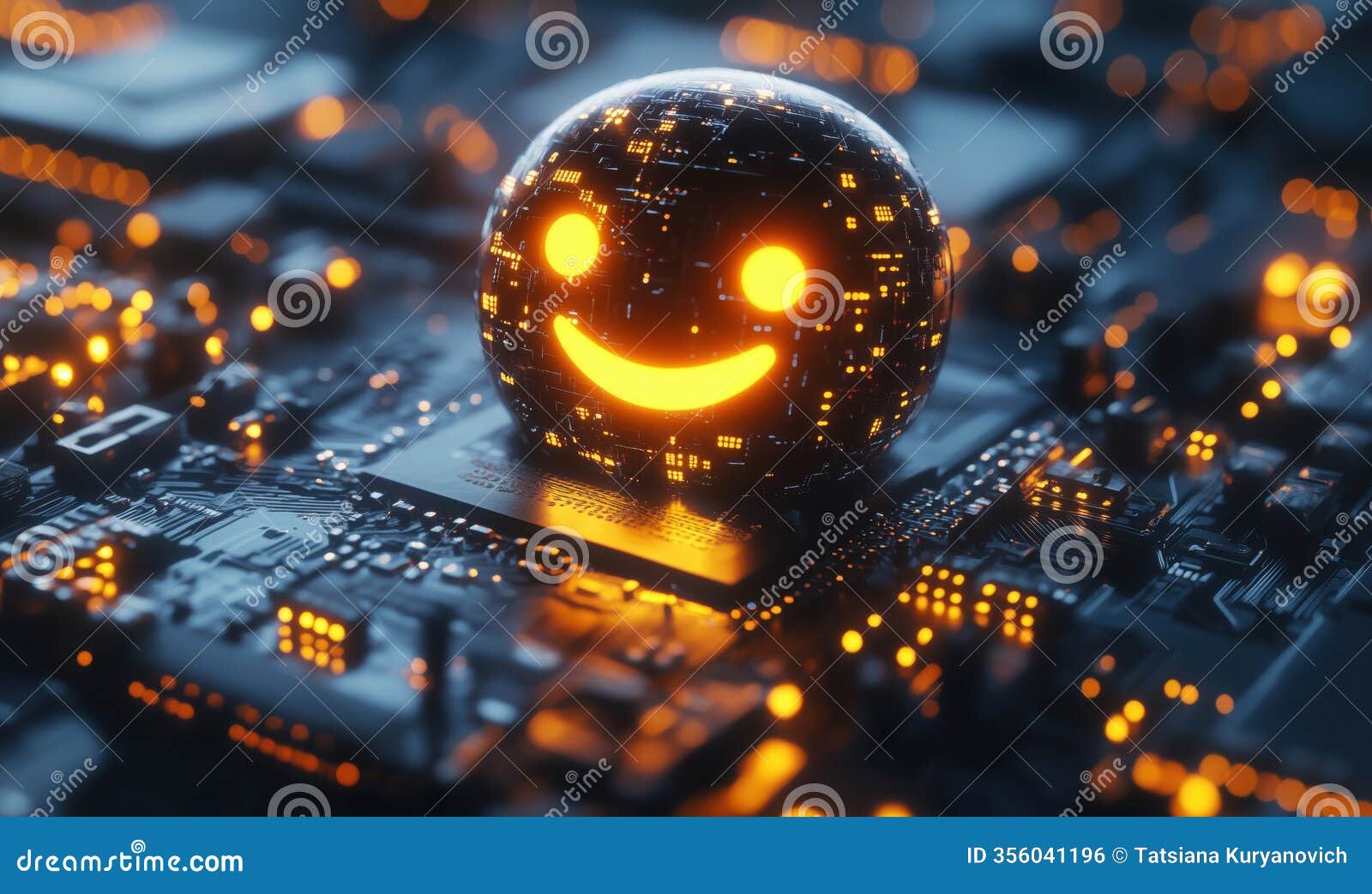 Digital Smiley Face Glowing on Circuit Board, Representing Technology ...