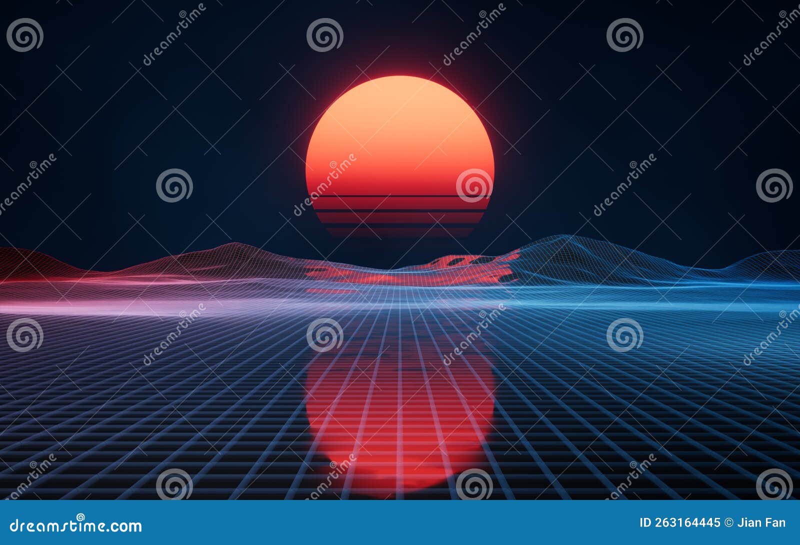 Digital Space and Sunset with Retro Style, 3d Rendering Stock ...