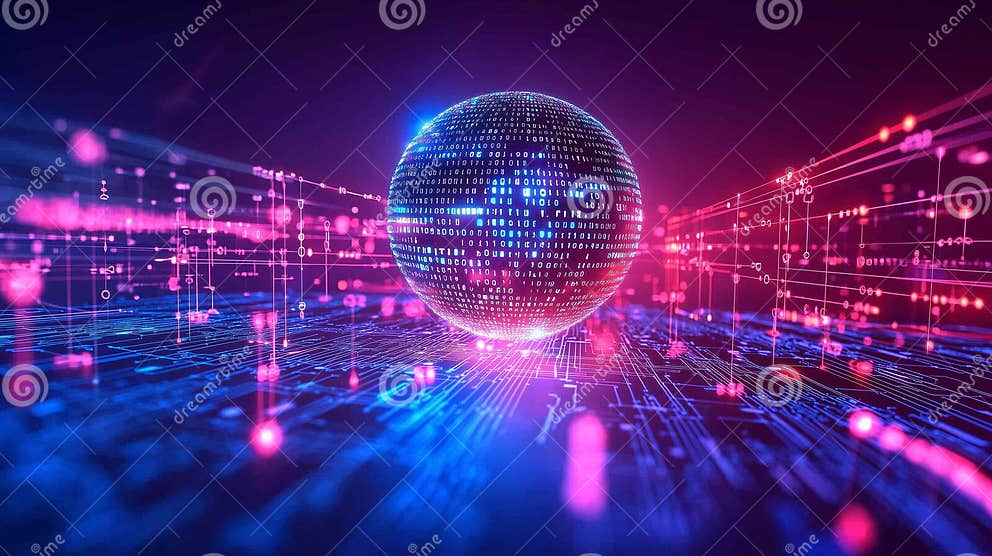 Digital Sphere with Binary Code and Glowing Effects Stock Illustration - Illustration of ...