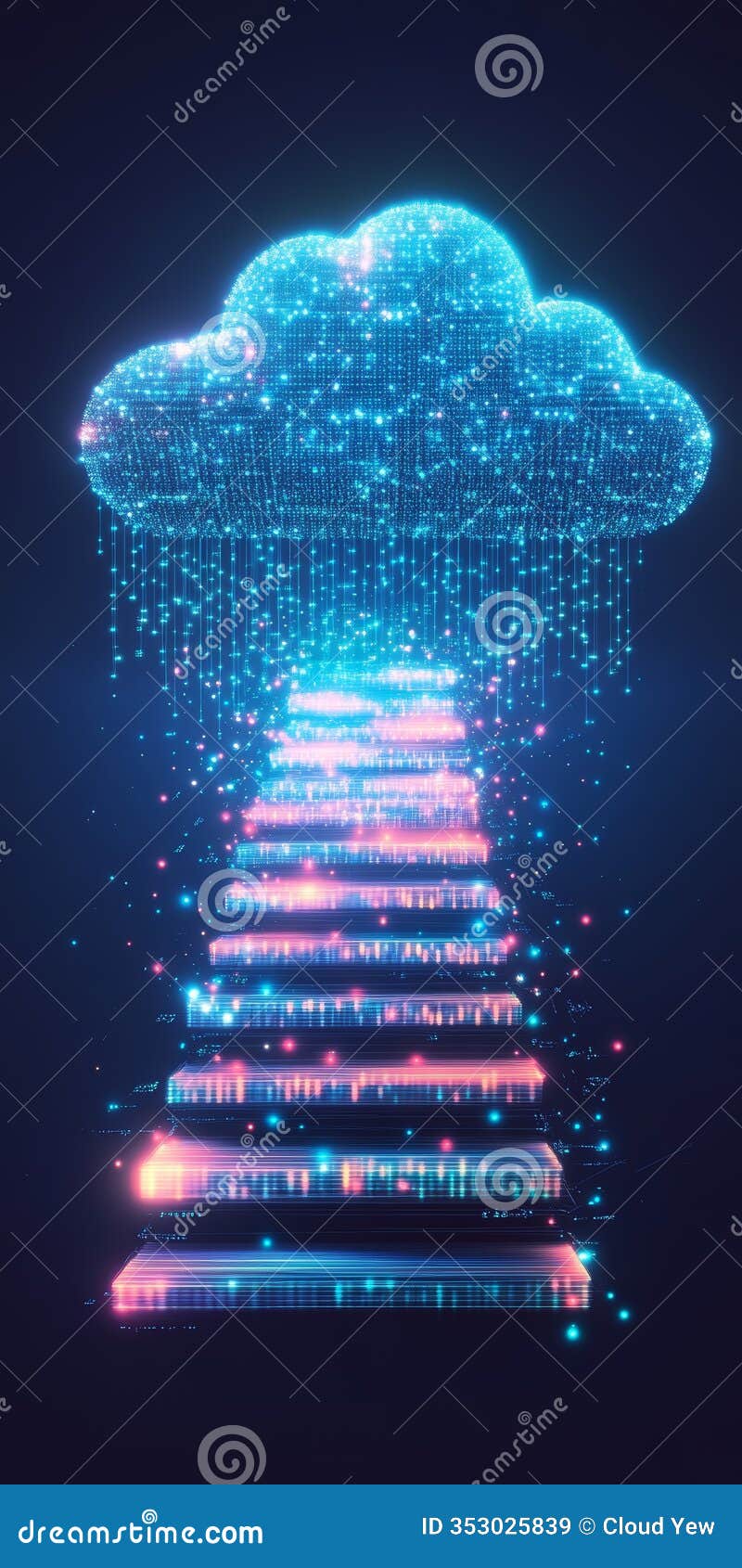 Digital Staircase Leading Up To a Bright Cloud Made of Vibrant Light ...