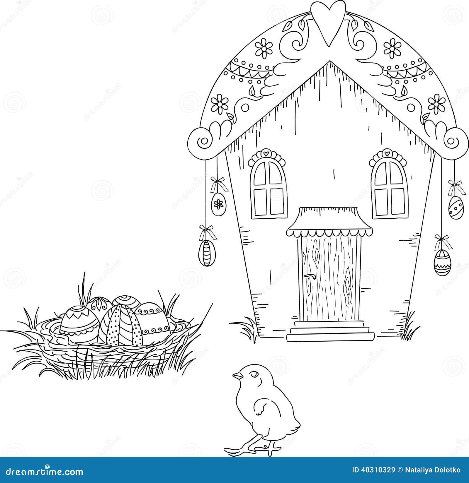 Digital Stamp. Easter House with Easter Eggs and Chick Stock Vector ...