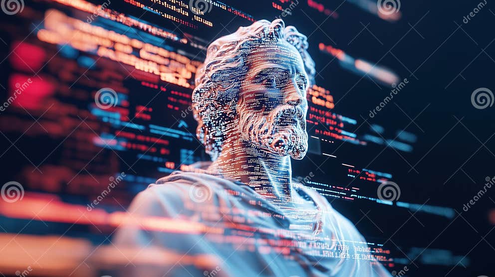 Digital Statue Resembling Saint with Glowing Code, Symbolizing ...
