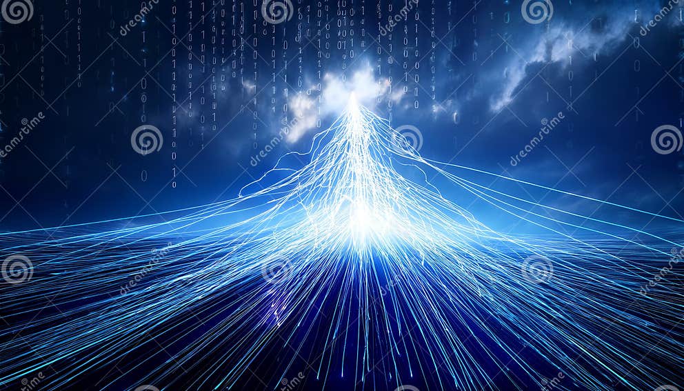 Digital Storm with Vibrant Blue Light Beams Emanating from Cloud ...