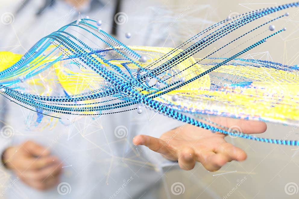 Digital Strings Hovering Above the Hands. Digital Network and Data ...