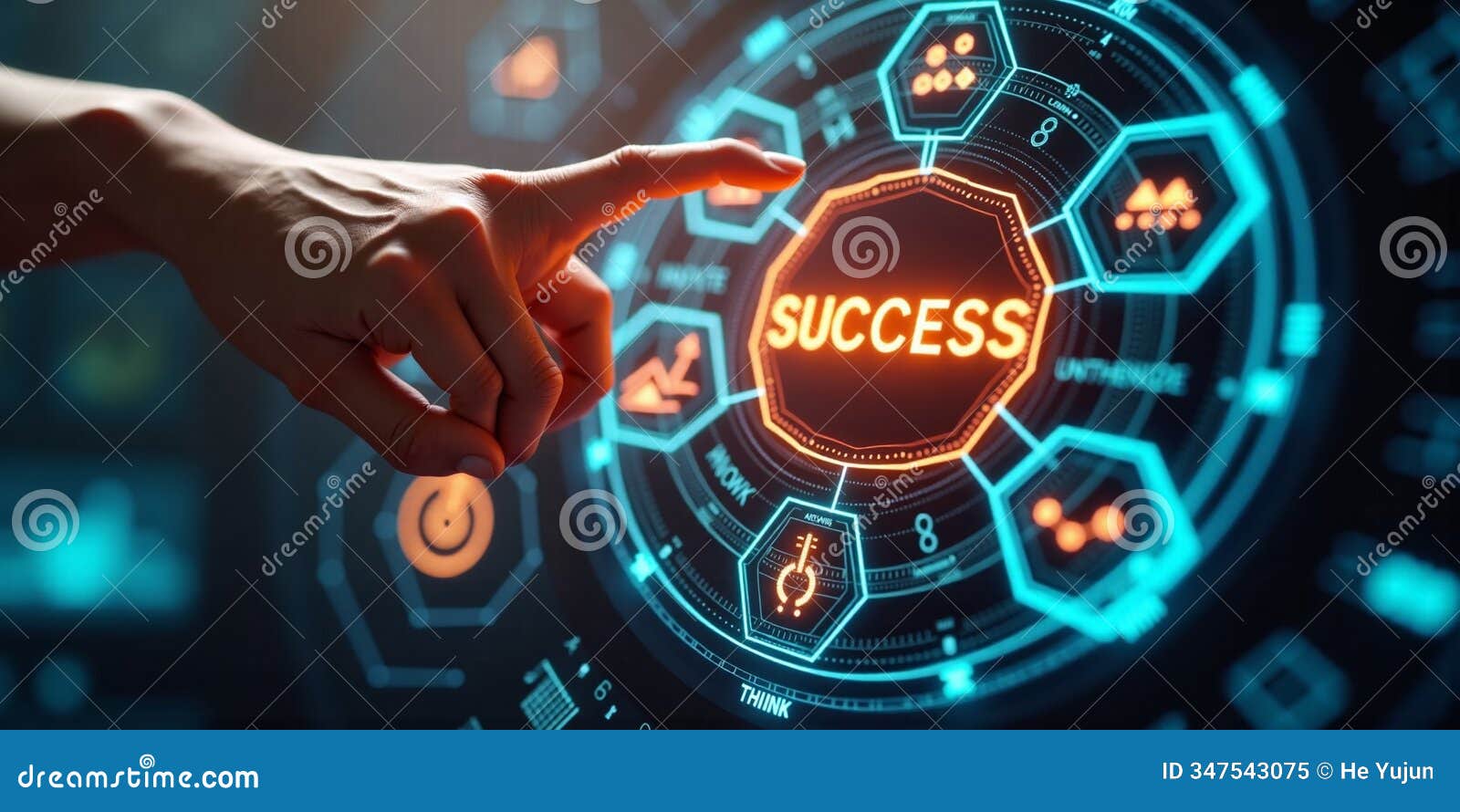 Hand Touching Glowing Success Icon and Business Analytics Interface ...