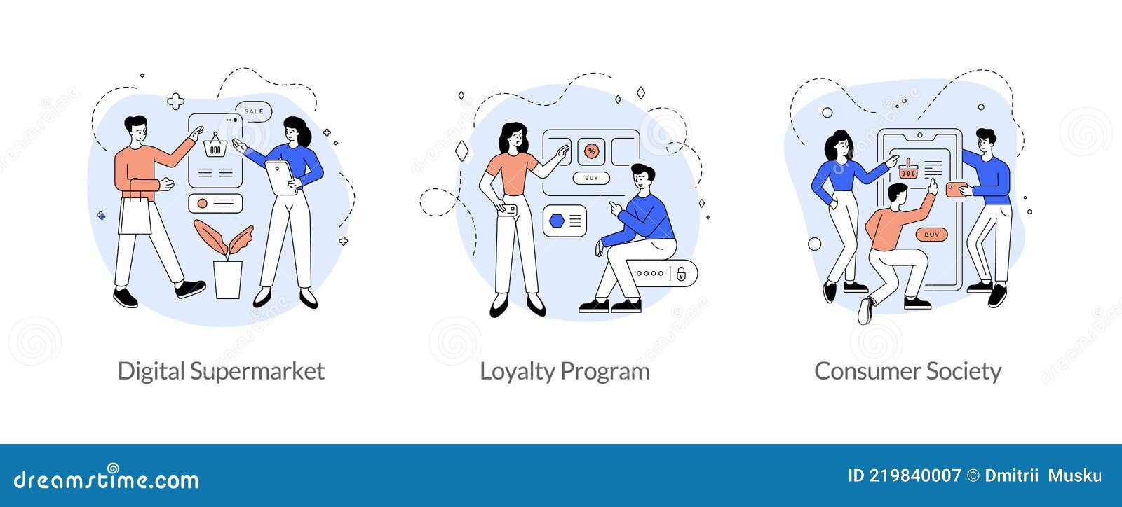 Digital Supermarket, Loyalty Program, Consumer Society. Linear Flat ...