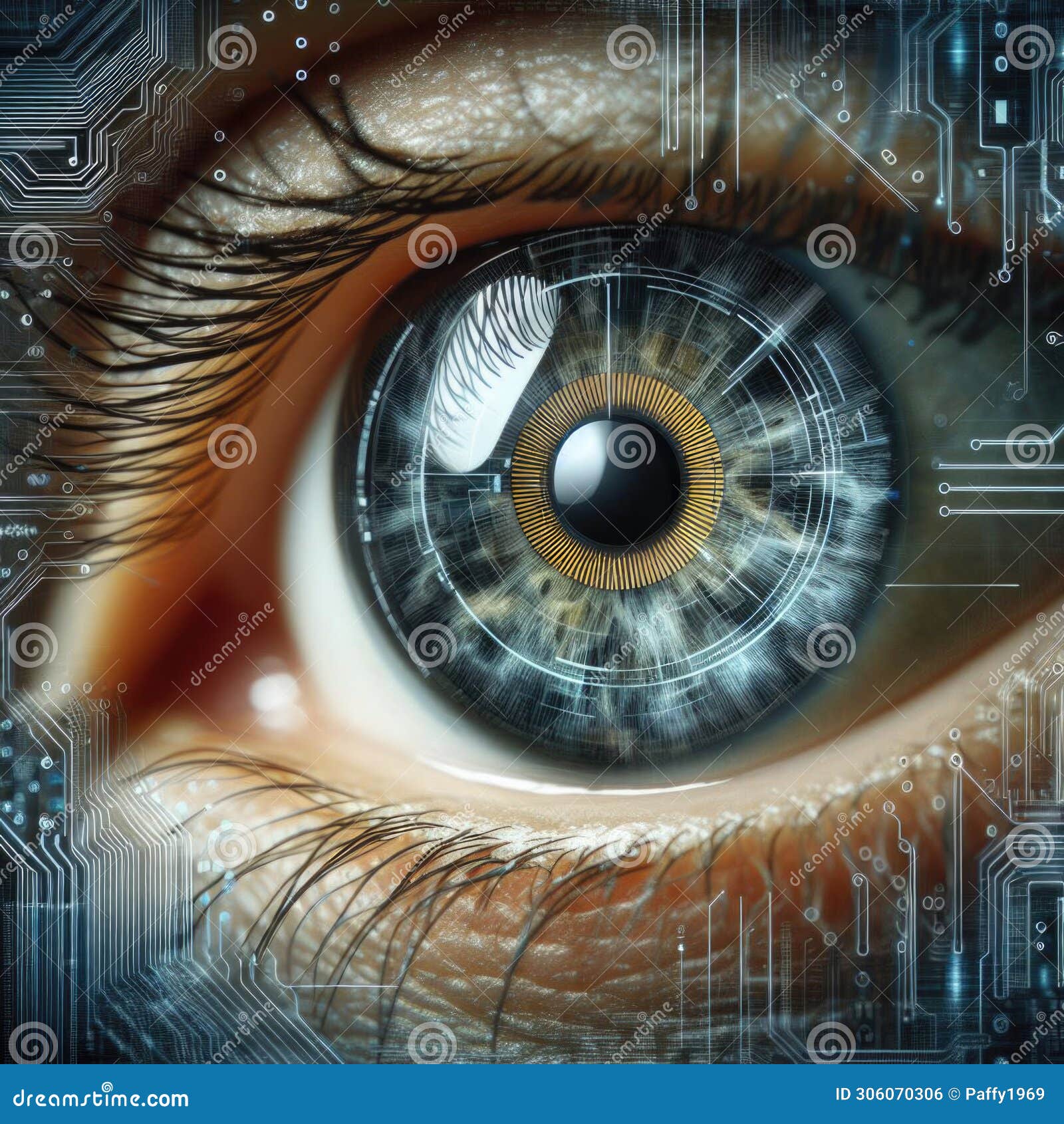Digital Surveillance Concept. Closeup of Human Eye with Digital Chip ...