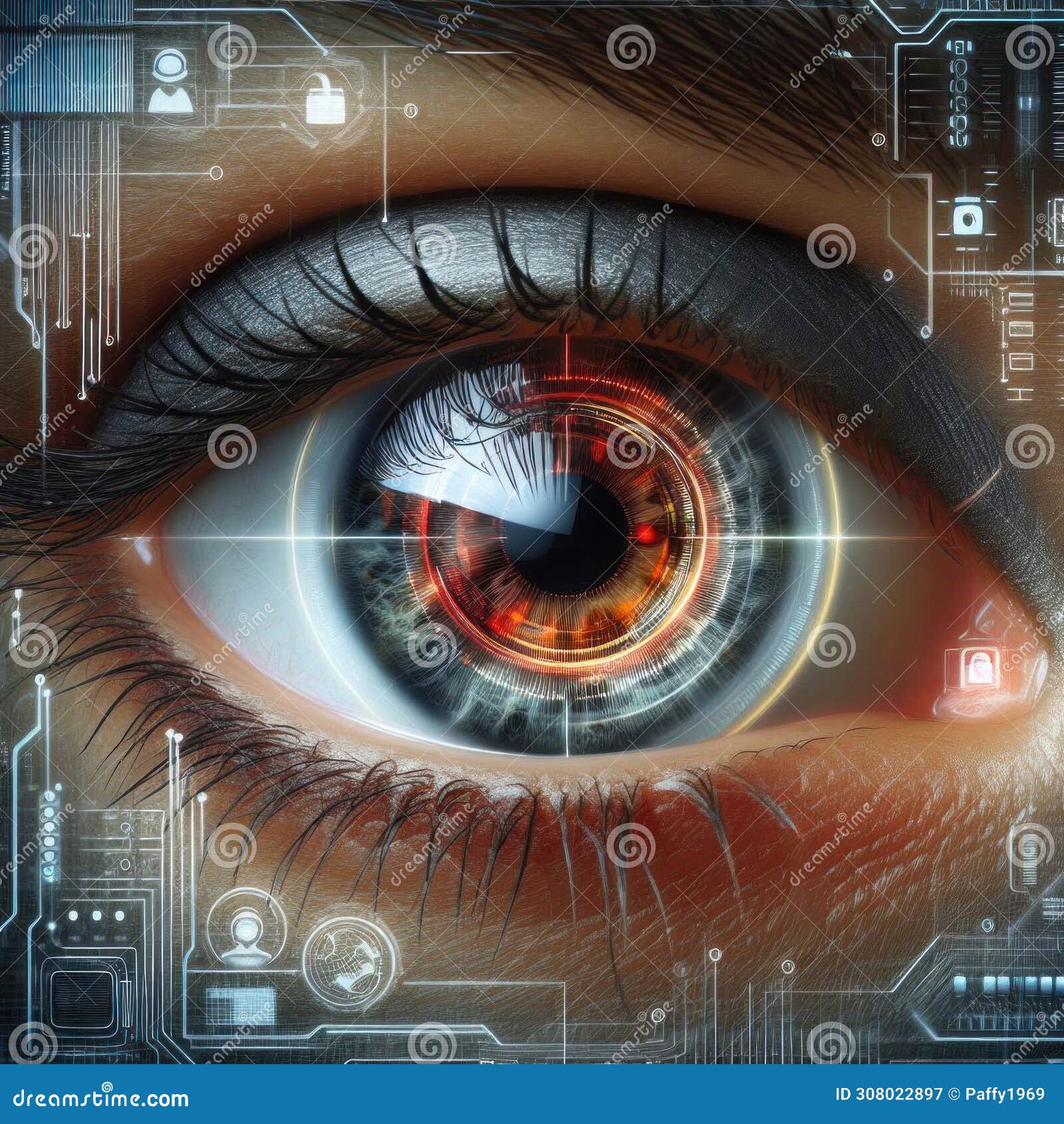 Digital Surveillance Concept. Closeup of Human Eye with Digital Chip ...