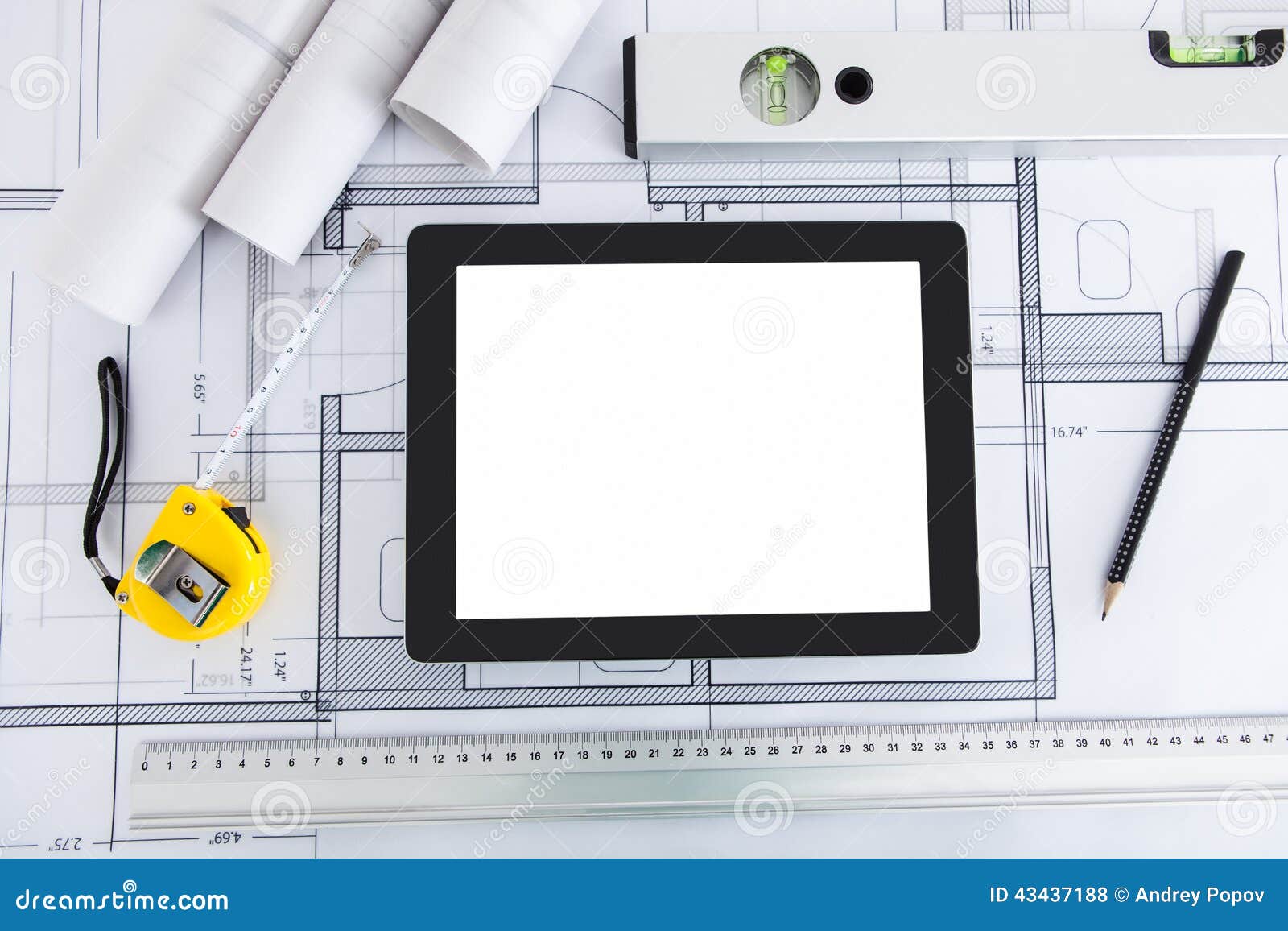 Digital Tablet with Architects Tools on Blueprint Stock Photo - Image ...