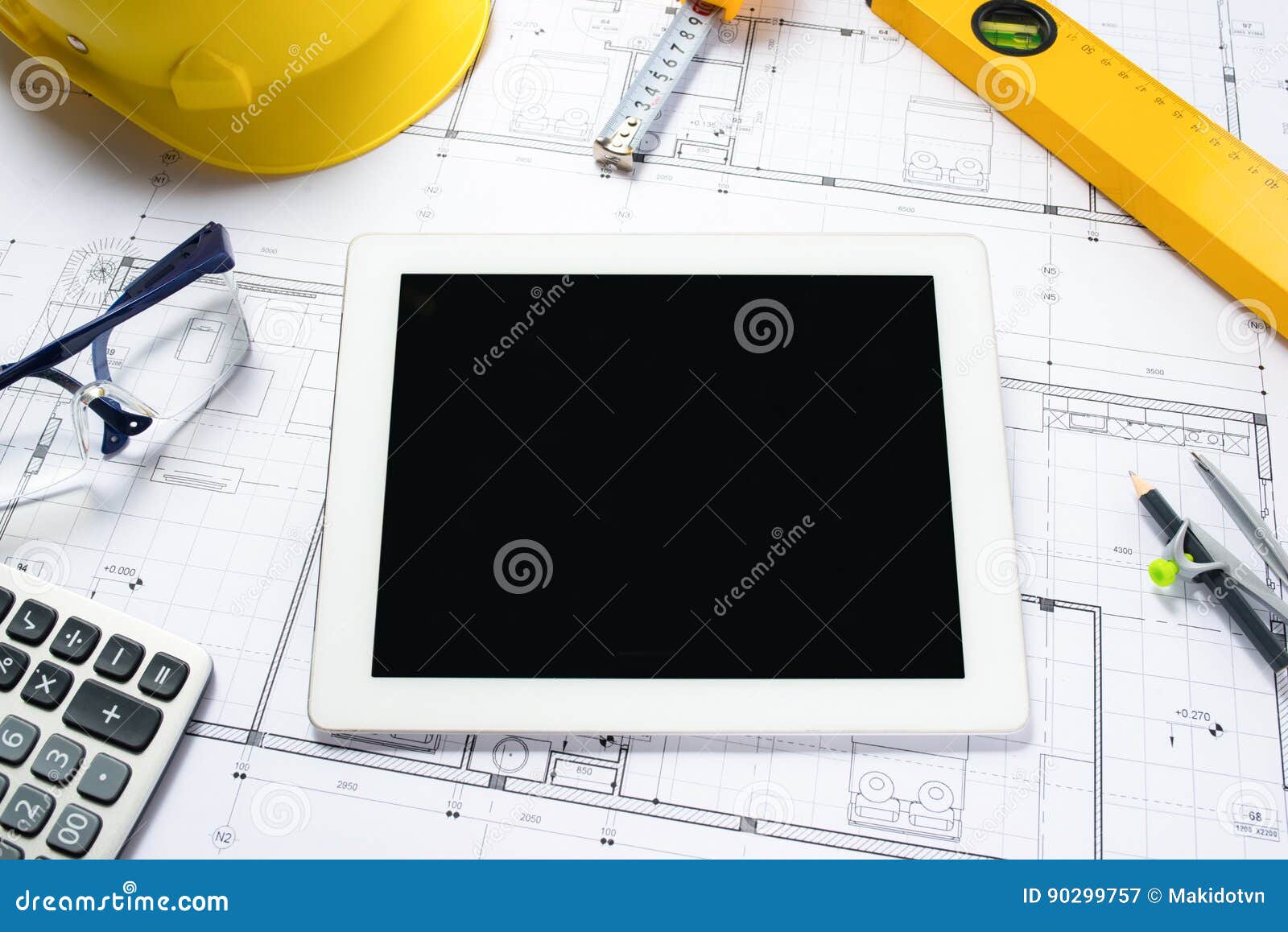 Digital Tablet with Architectural Blueprints Rolls and Tools Stock ... Digital Tablet with Architectural Blueprints Rolls and Tools Stock ...