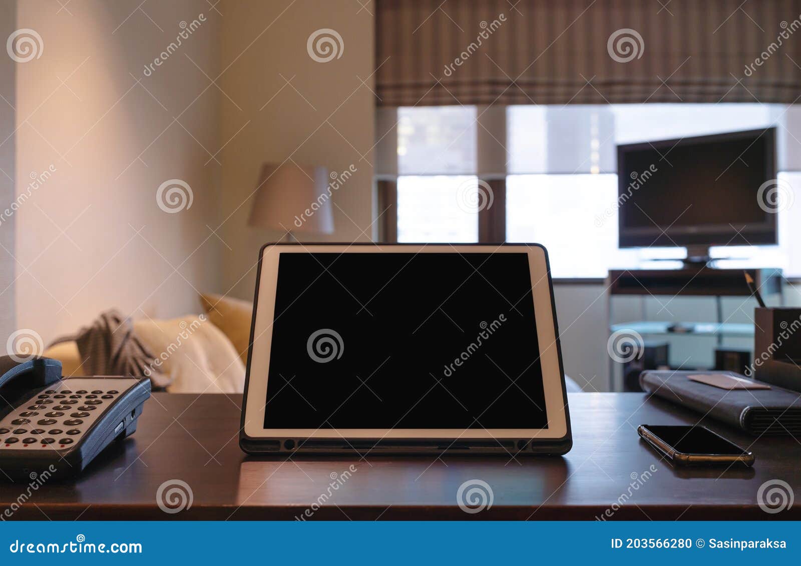 Digital Tablet, Blank Black Screen on Working Table Stock Photo - Image ...