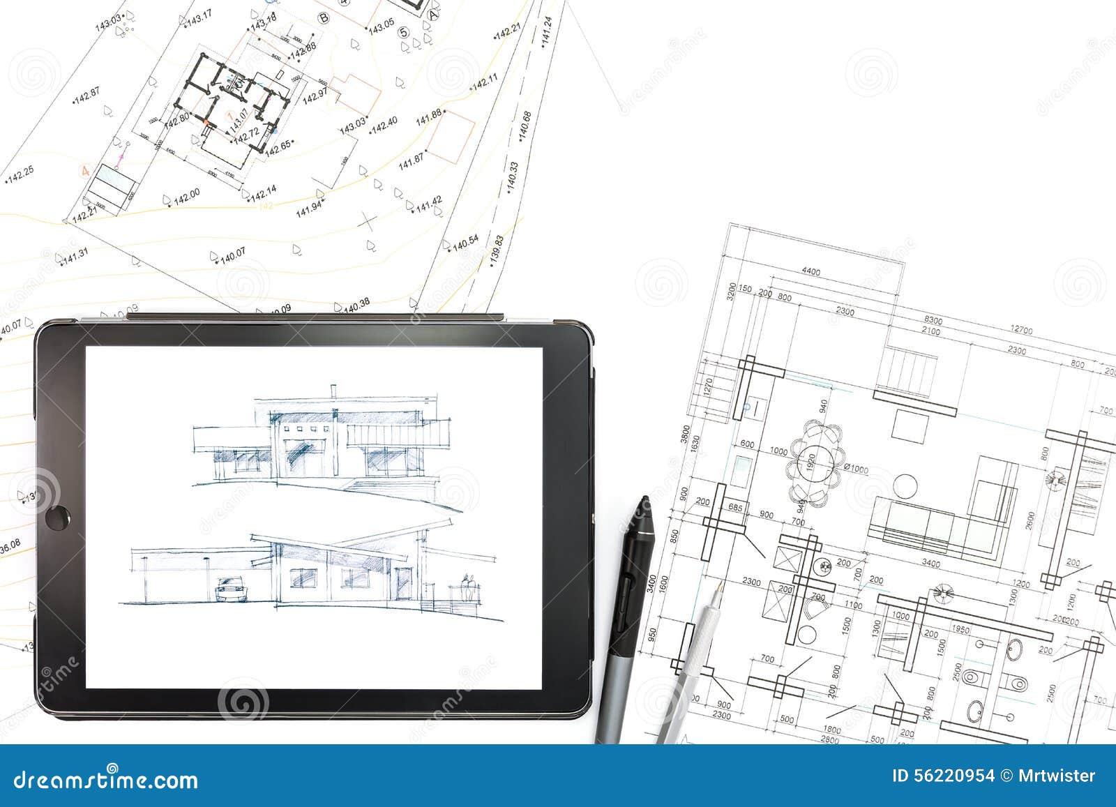 Digital Tablet with Blueprint Plans Stock Photo - Image of drawing ...