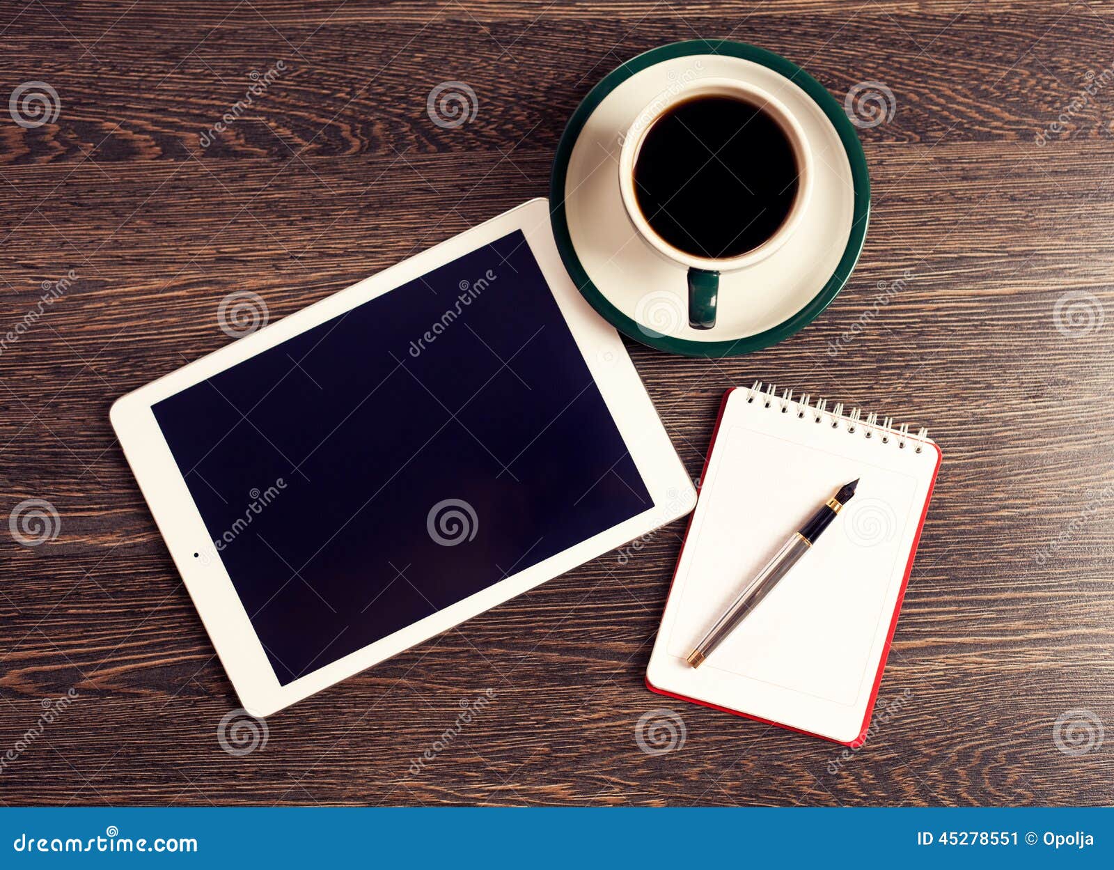 Digital Tablet Computer with Note Paper and Cup of Coffee on Old Wooden ...