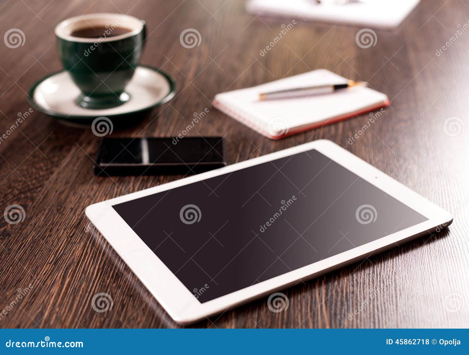 Digital Tablet Computer with Note Paper and Cup of Coffee on Old Wooden ...