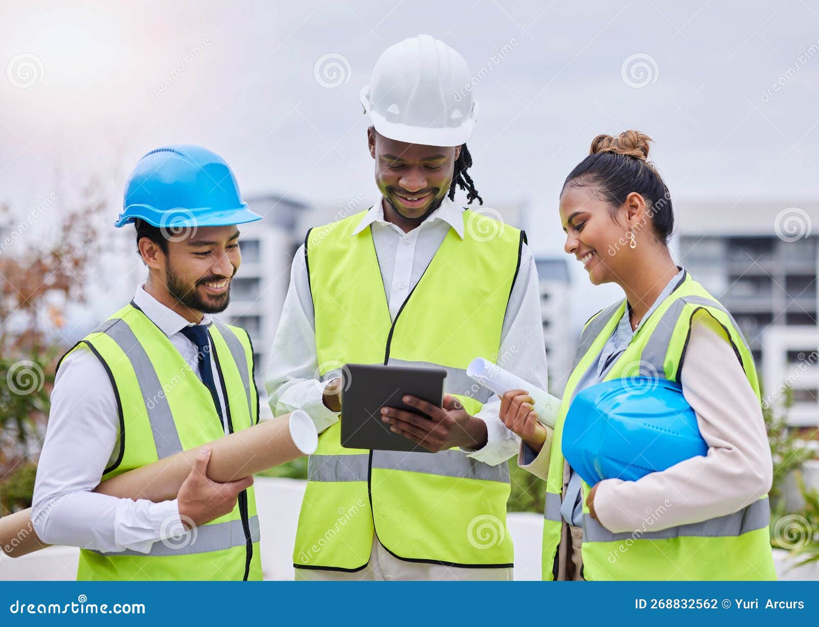 Digital Tablet, Construction Site and Team of Engineer at Building ...