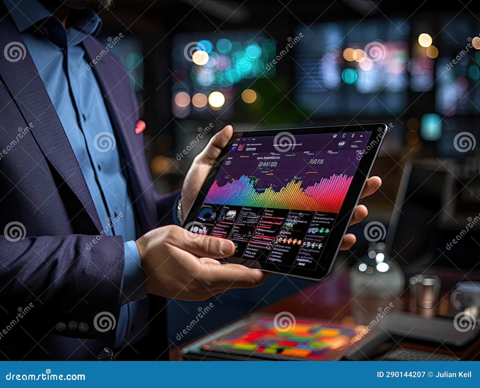 Digital Tablet with Financial Data Display and Buzzing Backdrop Stock ...
