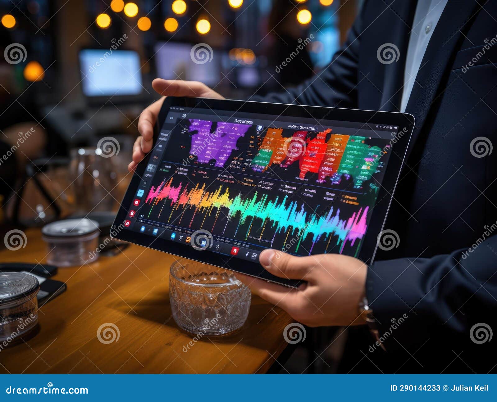 Digital Tablet with Financial Data Display and Buzzing Backdrop Stock ...