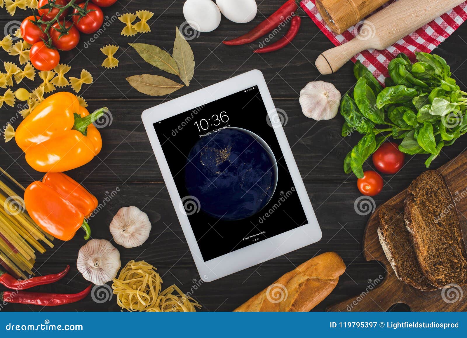 Digital Tablet and Fresh Ingredients Stock Image - Image of bread ...