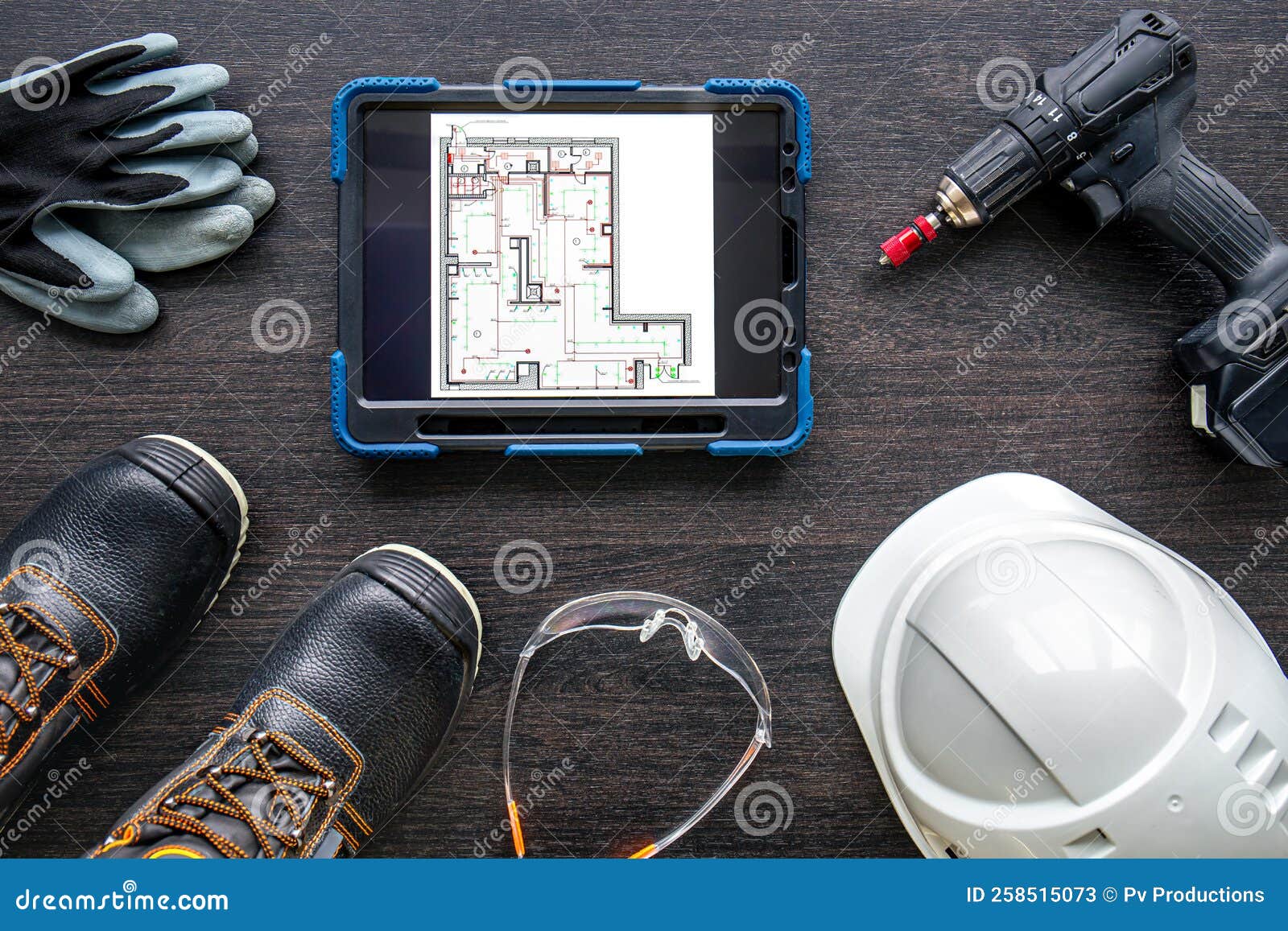 Digital Tablet with Layout and Worker Clothes, Top View. Stock Image ...