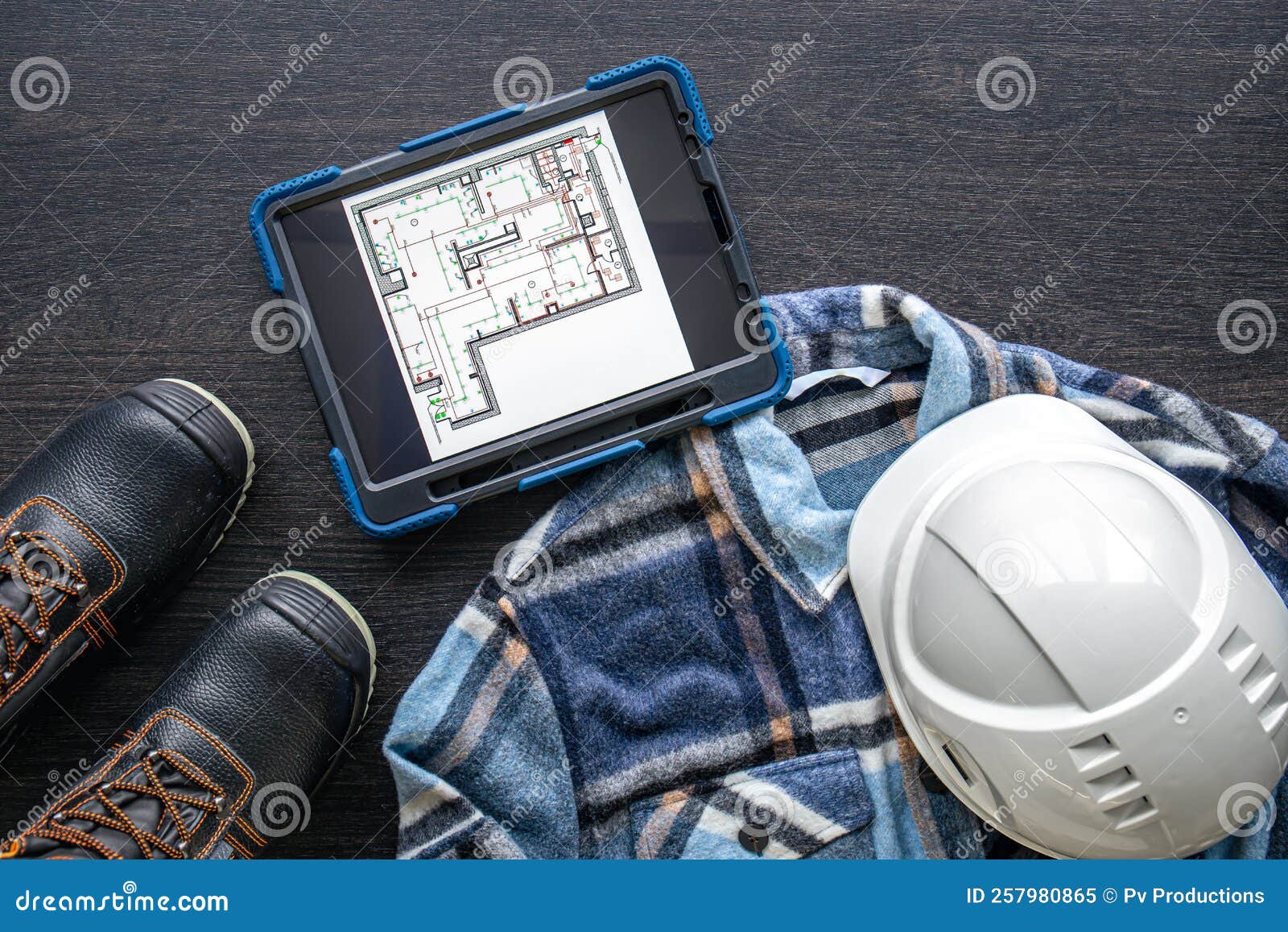 Digital Tablet with Layout and Worker Clothes, Top View. Stock Image ...