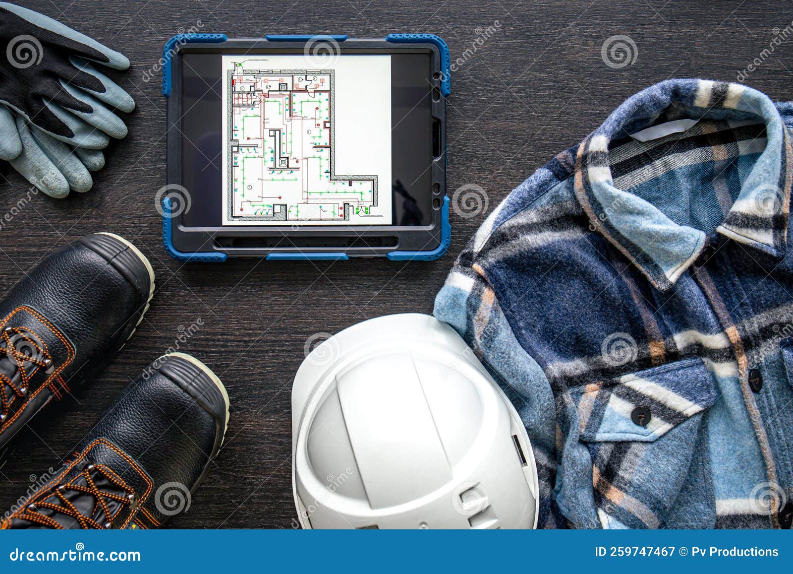 Digital Tablet with Layout and Worker Clothes, Top View. Stock Image ...