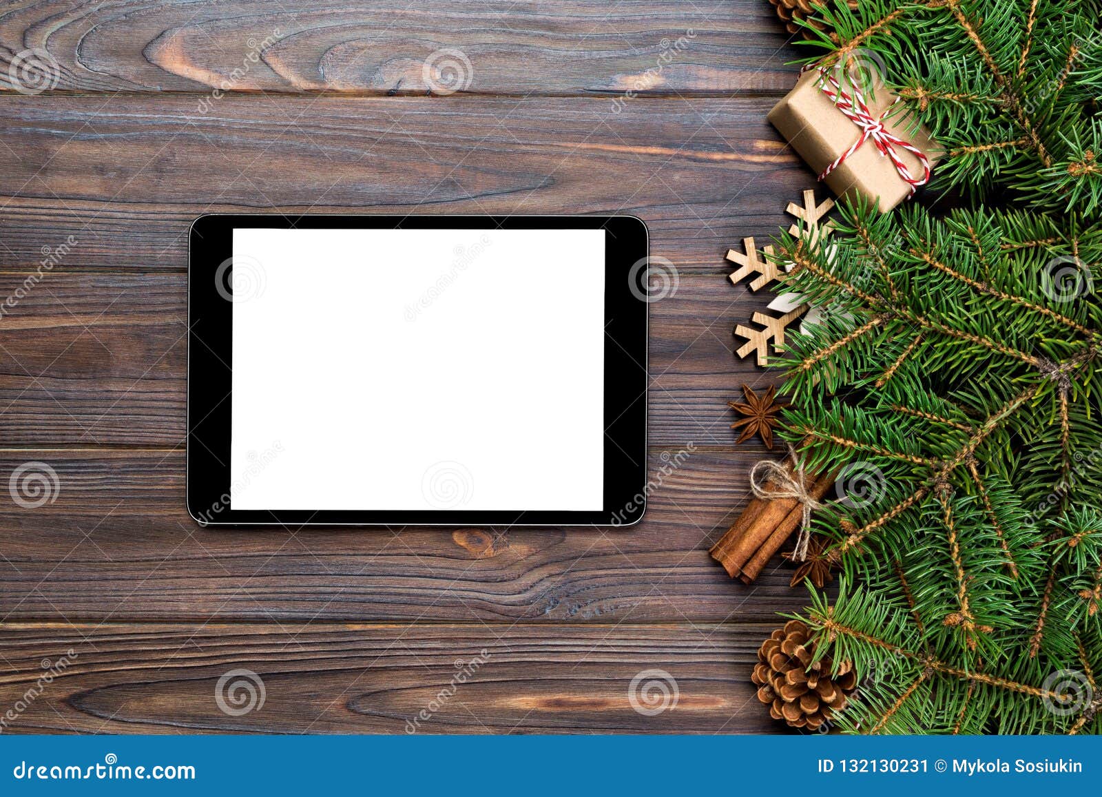 Digital Tablet Mock Up with Rustic Christmas Wood Background ...