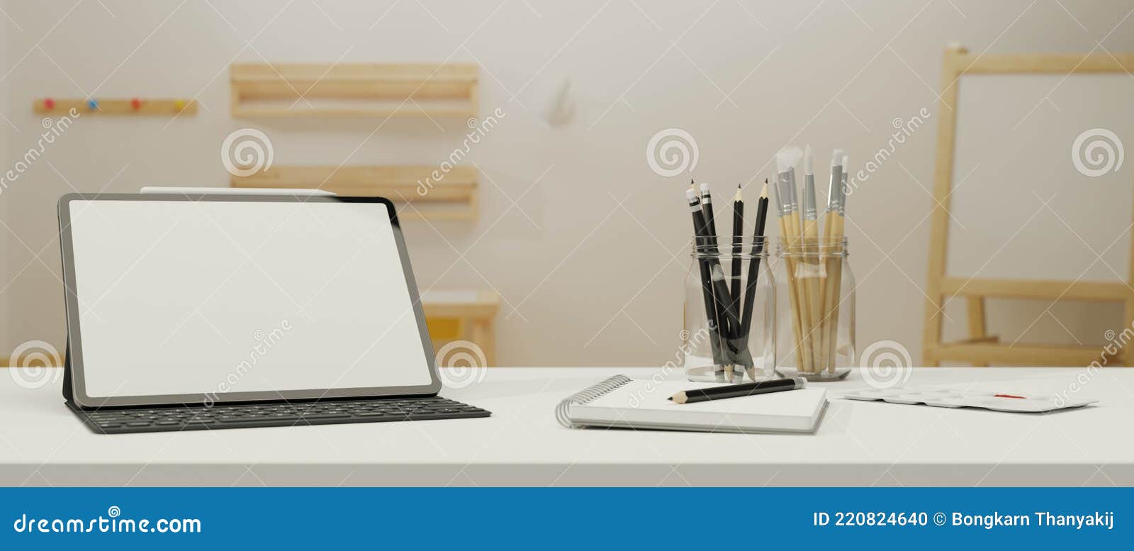 Digital Tablet with Mock-up Screen and Keyboard on Study Table in ...