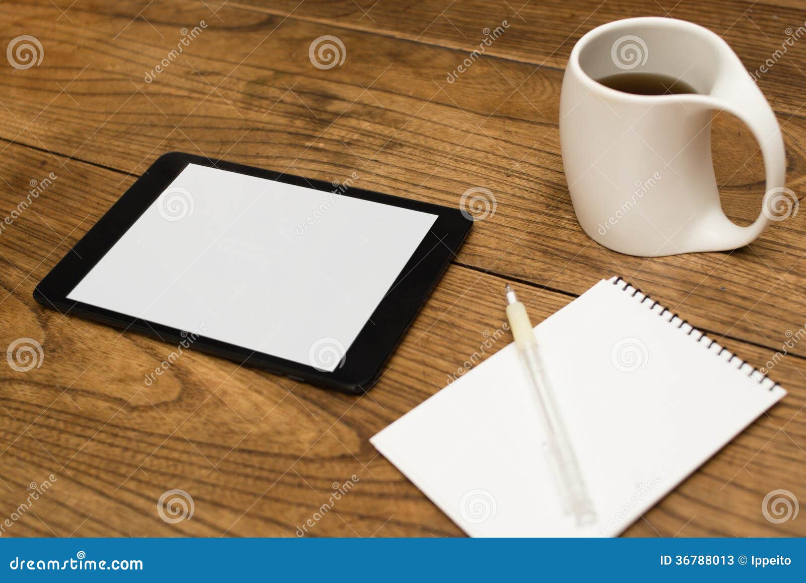 Digital Tablet, Notepad and Coffee on Table Stock Image - Image of ...