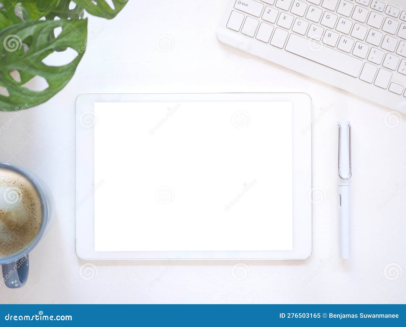 Digital Tablet Pc with Empty White Screen and Pen, Coffee Cup, Little ...