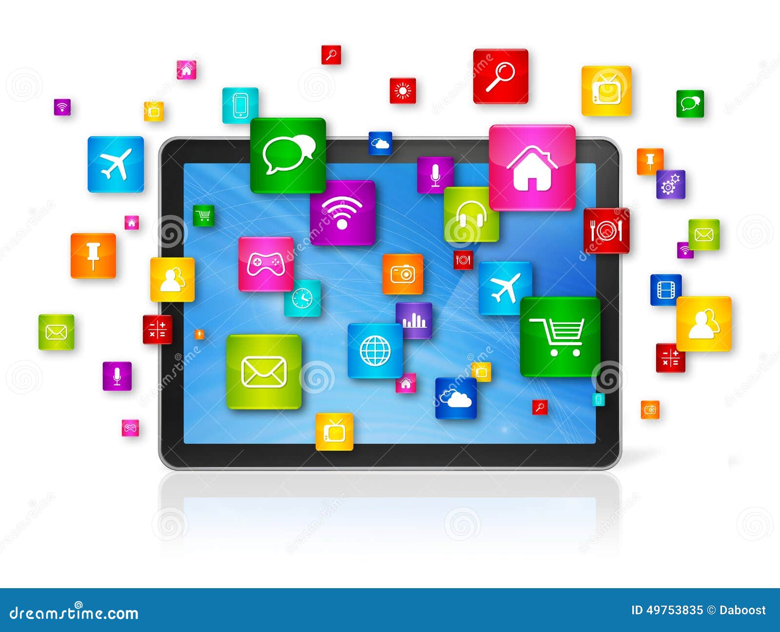 Digital Tablet Pc and Flying Apps Icons Stock Illustration ...