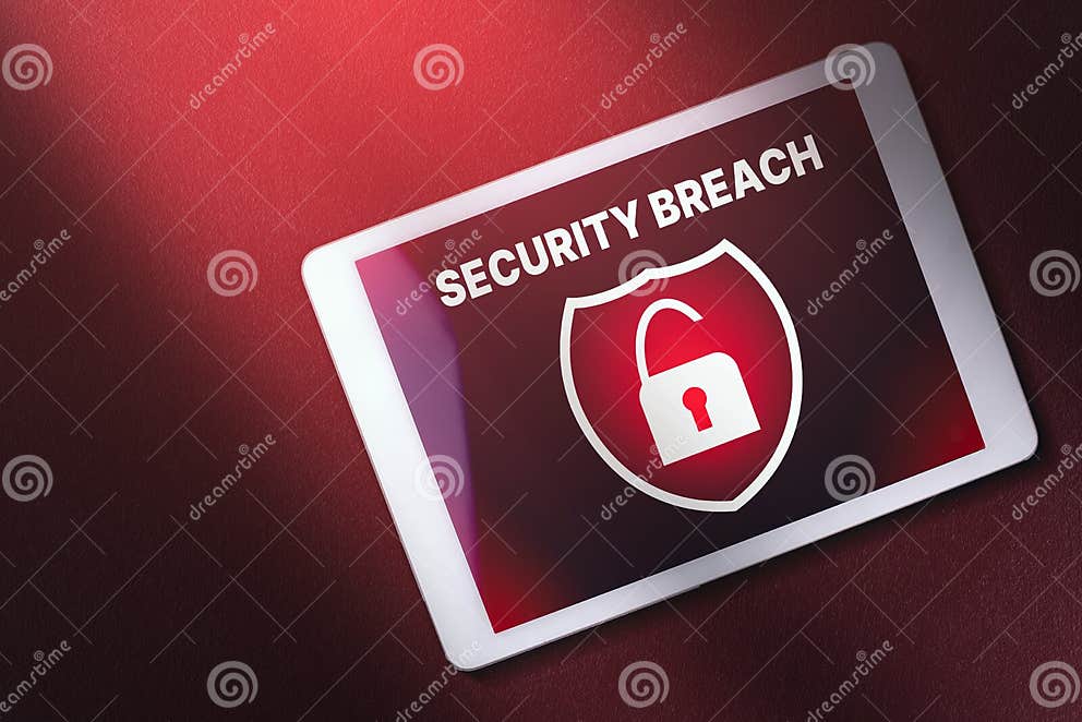 Digital Tablet on Red Background with Security Breach Warning on Screen ...