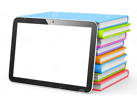 Digital Tablet with Stack of Books Stock Illustration - Illustration of ...