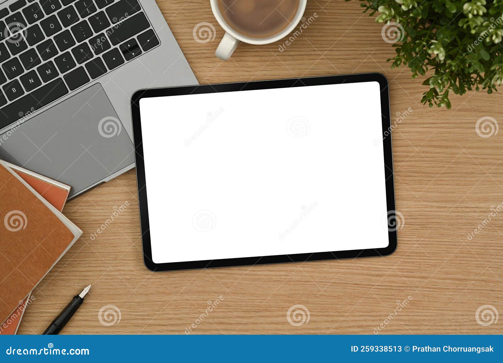 Digital Tablet with White Empty Screen, Laptop, Notepad and Coffee Cup ...