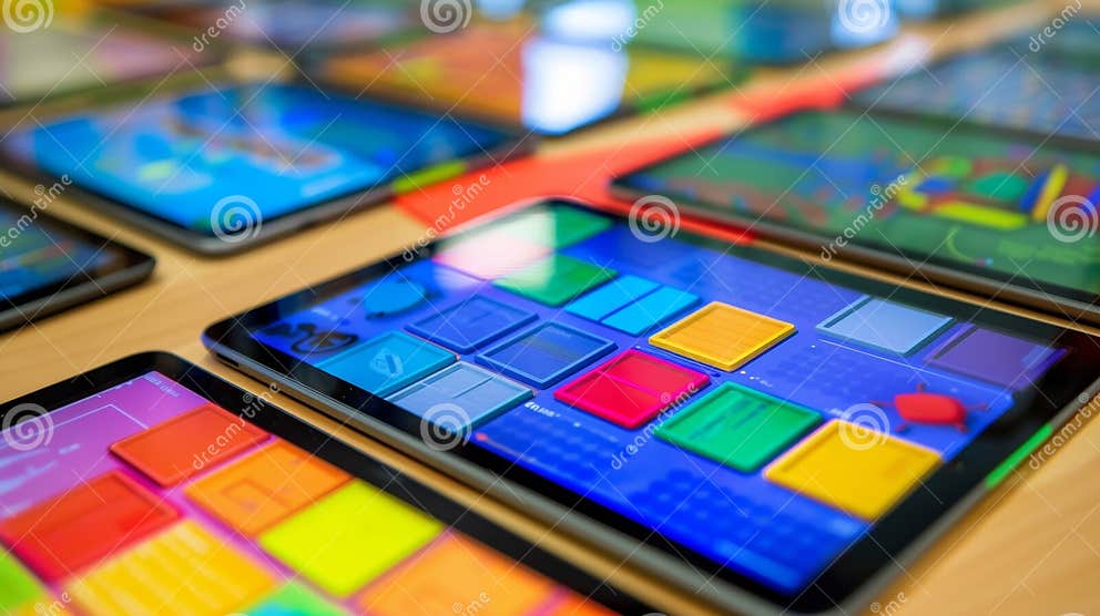 Digital Tablets Displaying Colorful Widgets Lying on a Desk Stock Image ...