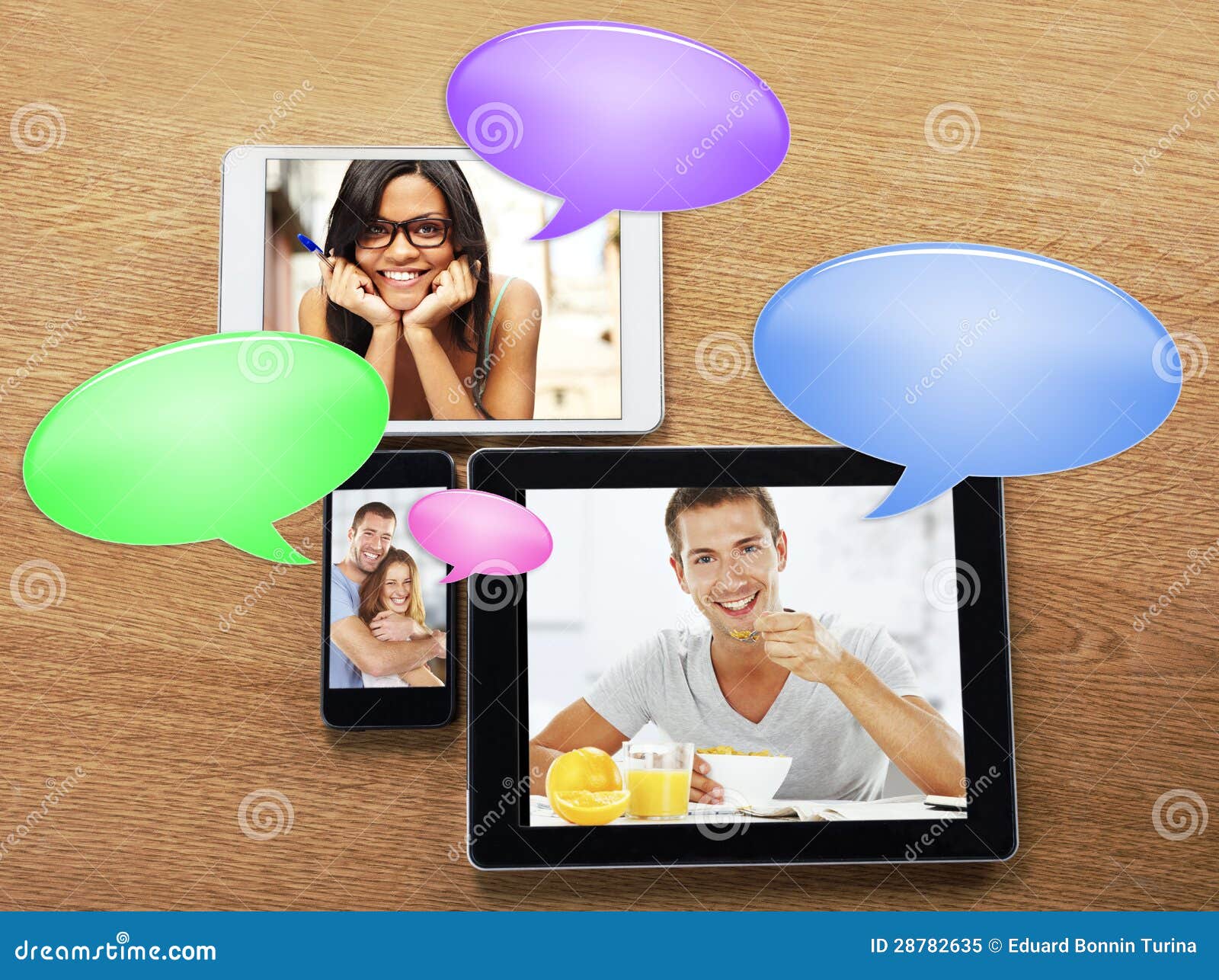 Digital Tablets and Smart Phone with Images and Bubbles Chat Icon Stock ...