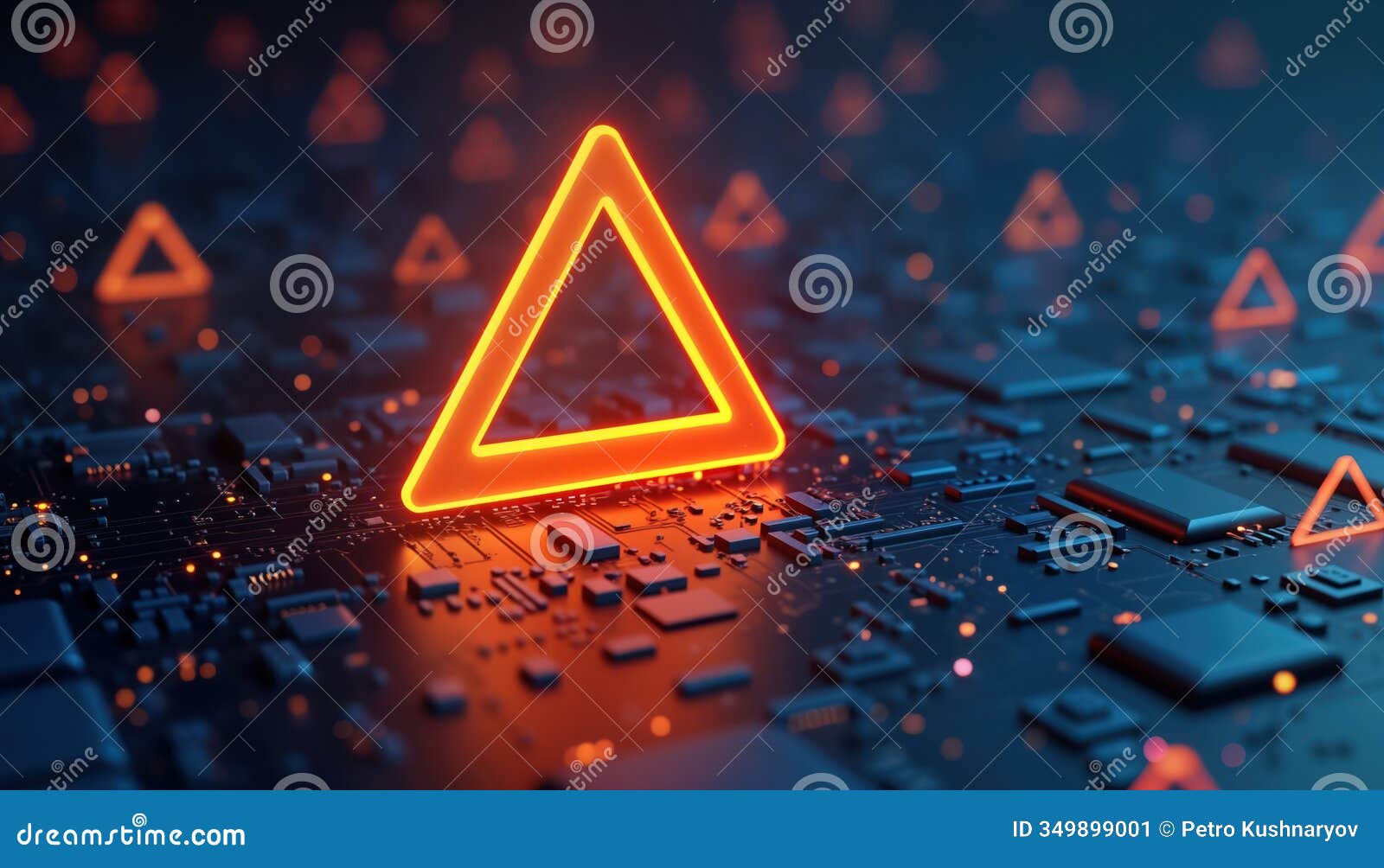 Digital Tech Circuit Board Shows Security Warning. Orange Triangle ...