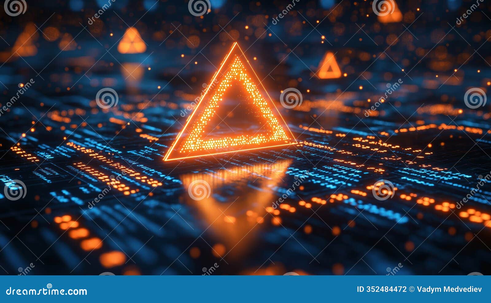 Digital Tech Illustration Warning Triangle. Orange Warning Sign on Dark ...