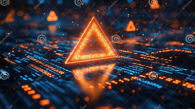 Digital Tech Illustration Warning Triangle. Orange Warning Sign on Dark ...