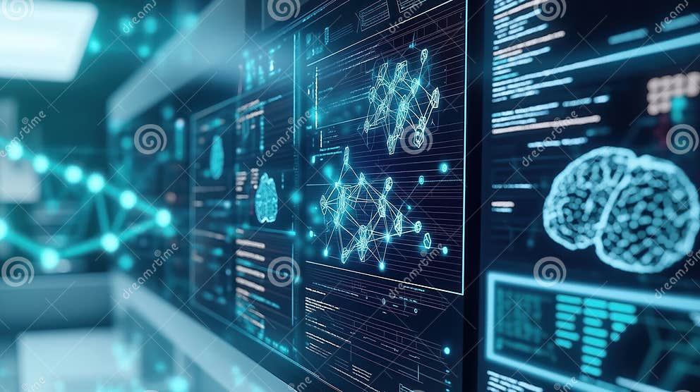 Digital Tech Screens Display Data Visualizations, Molecular Models. AI ...
