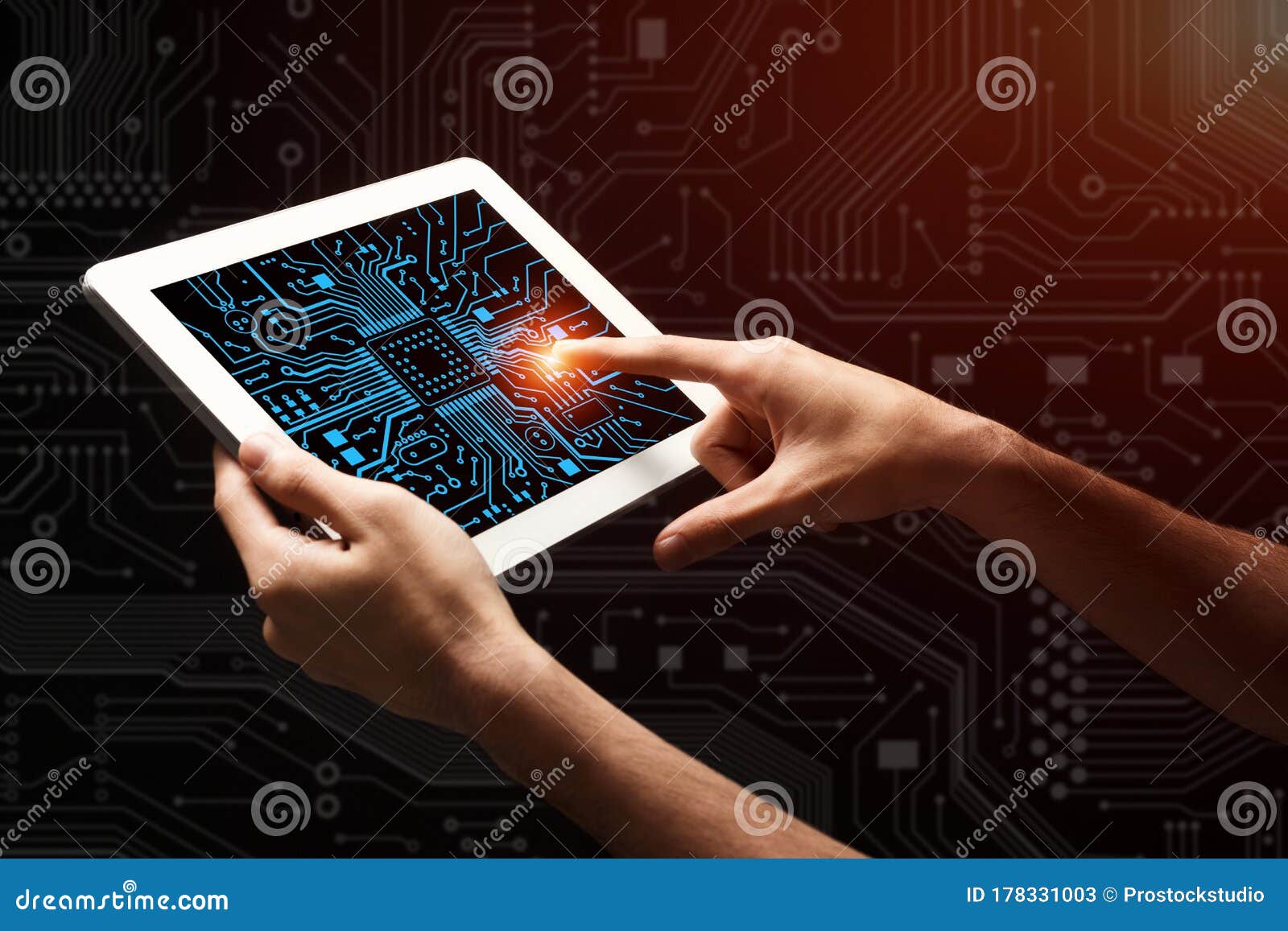 Digital Technologies. Collage with Computer Engineer Touching Glowing ...