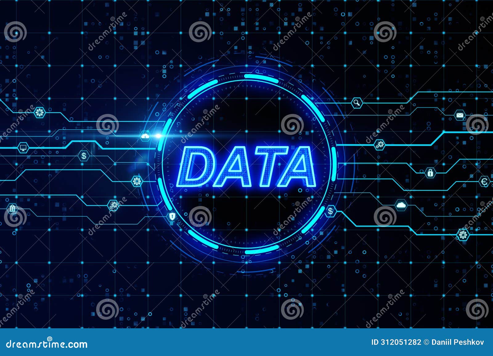 Digital Technology Background with Blue Neon Lines and the Word DATA ...