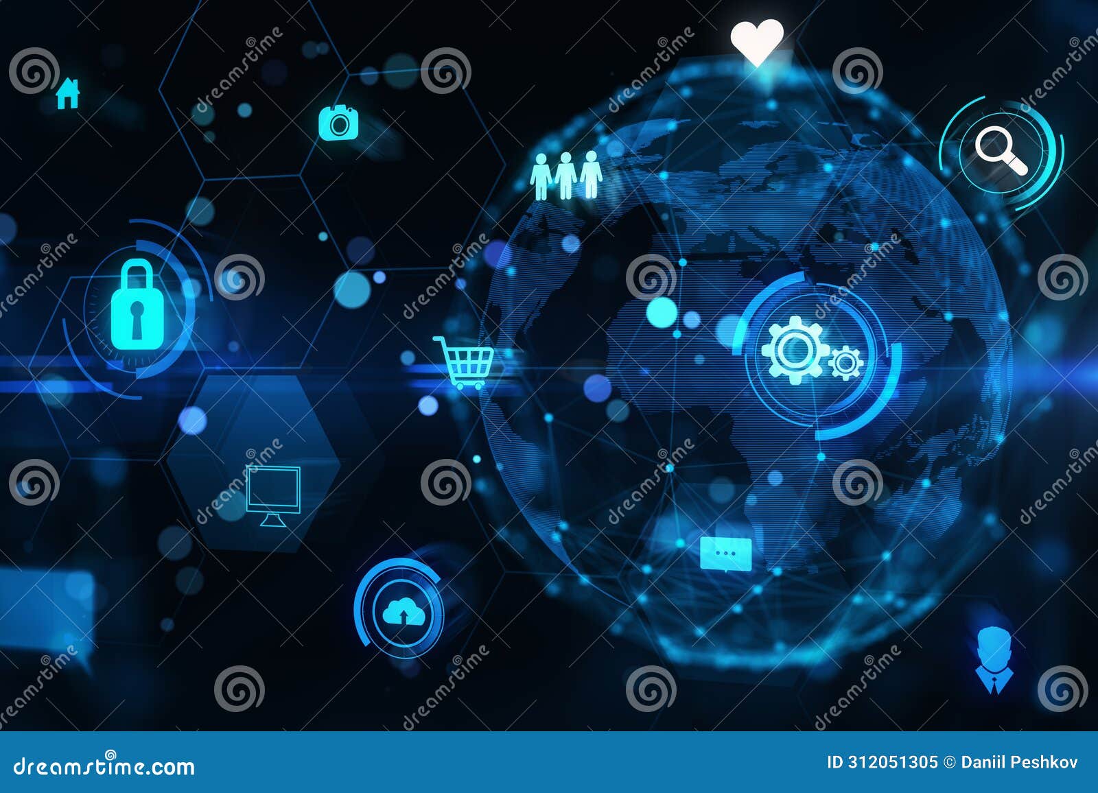 Digital Technology Background with Neon Blue Cyberspace Elements and ...