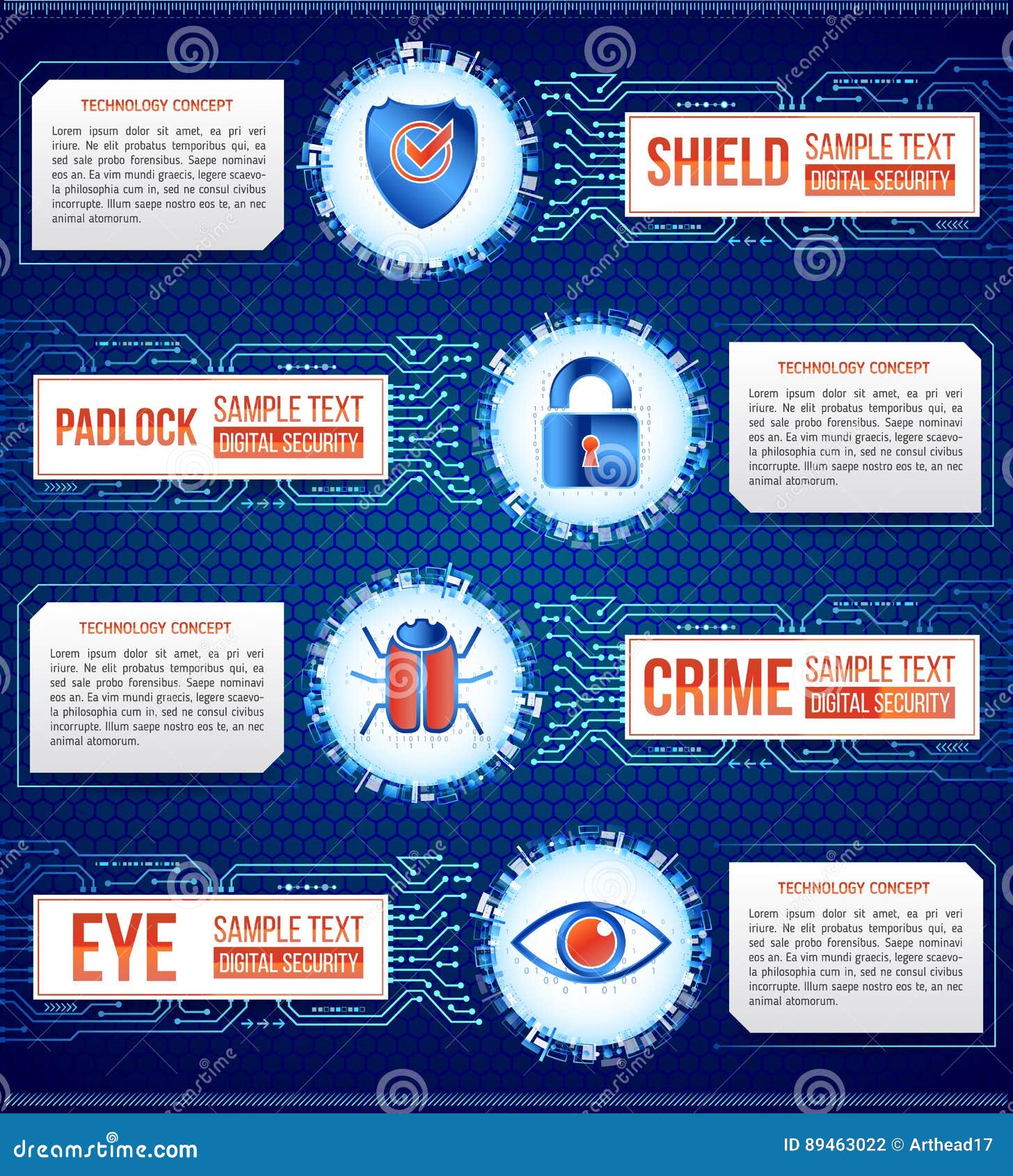 Digital Technology Concept of Background with Shield, Key, Hacker Bug and Eye. Modern Safety ...