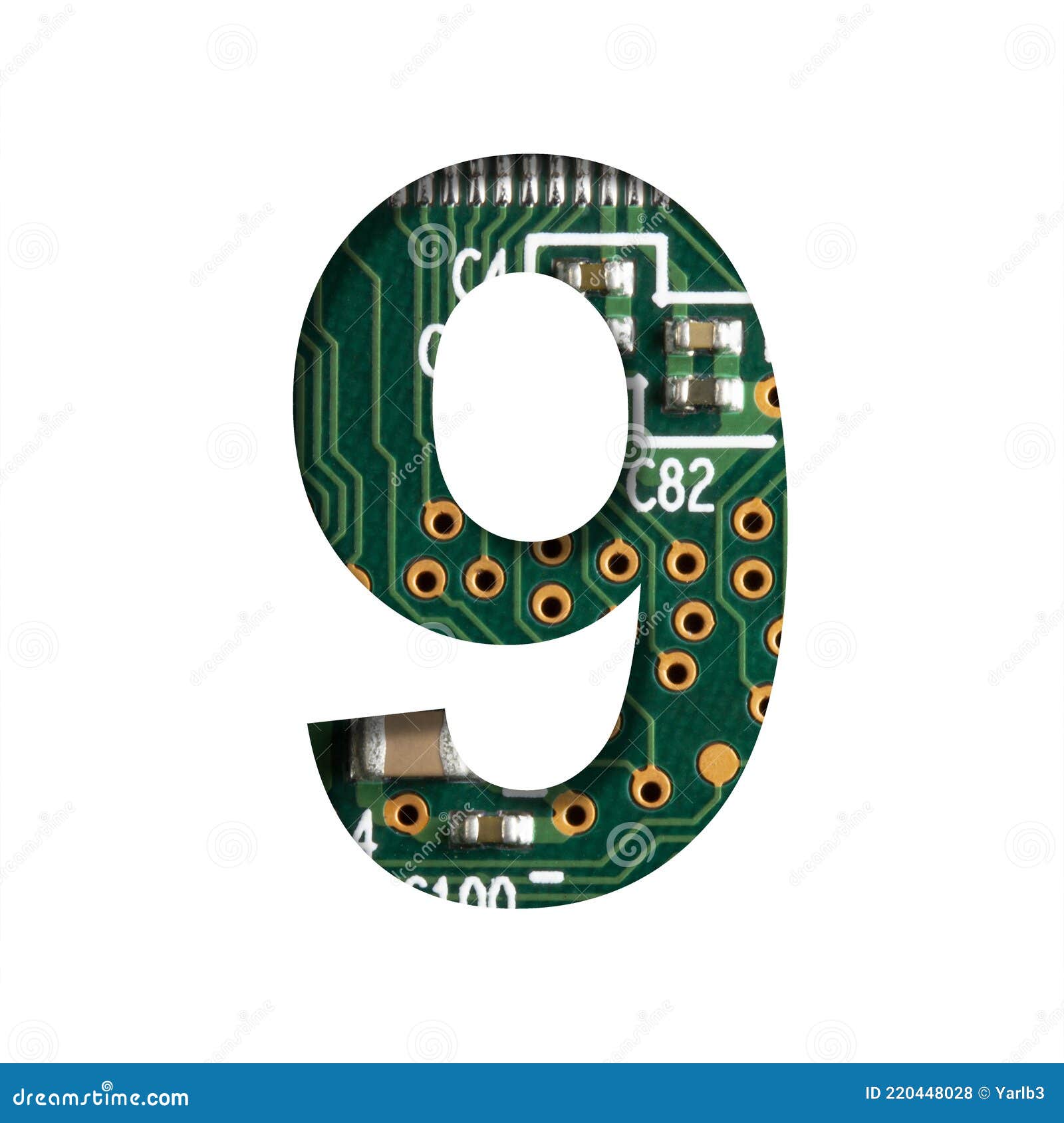 Digital Technology Font. Digit Nine, 9 Cut Out of White on the Printed ...