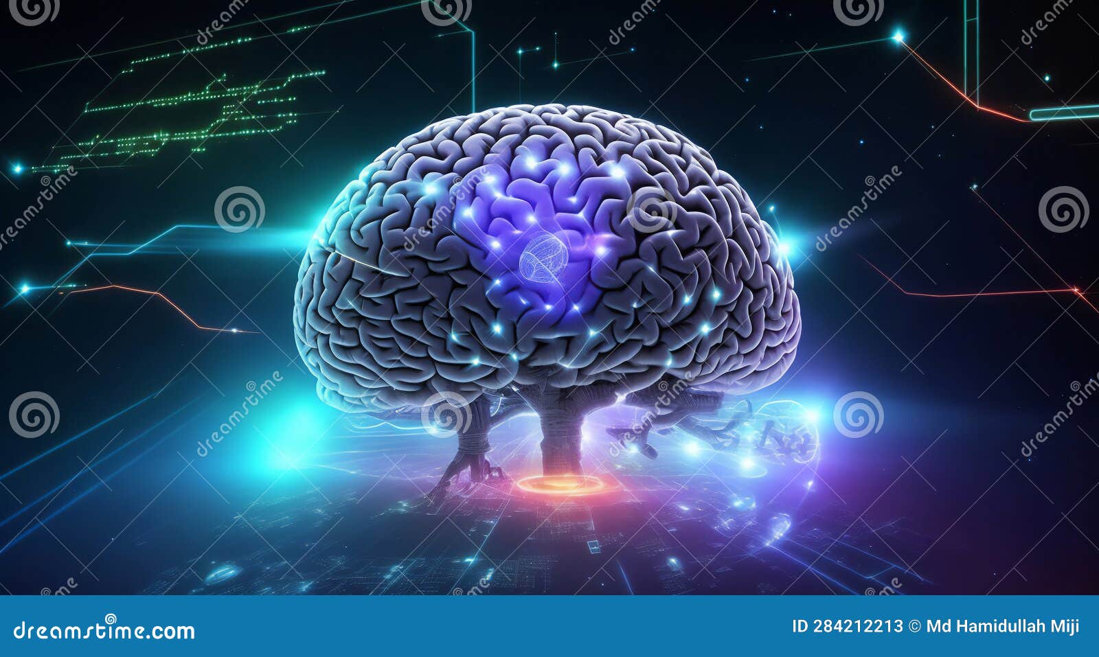 Digital Technology Human Brain with Blue Background Lighting Effects ...
