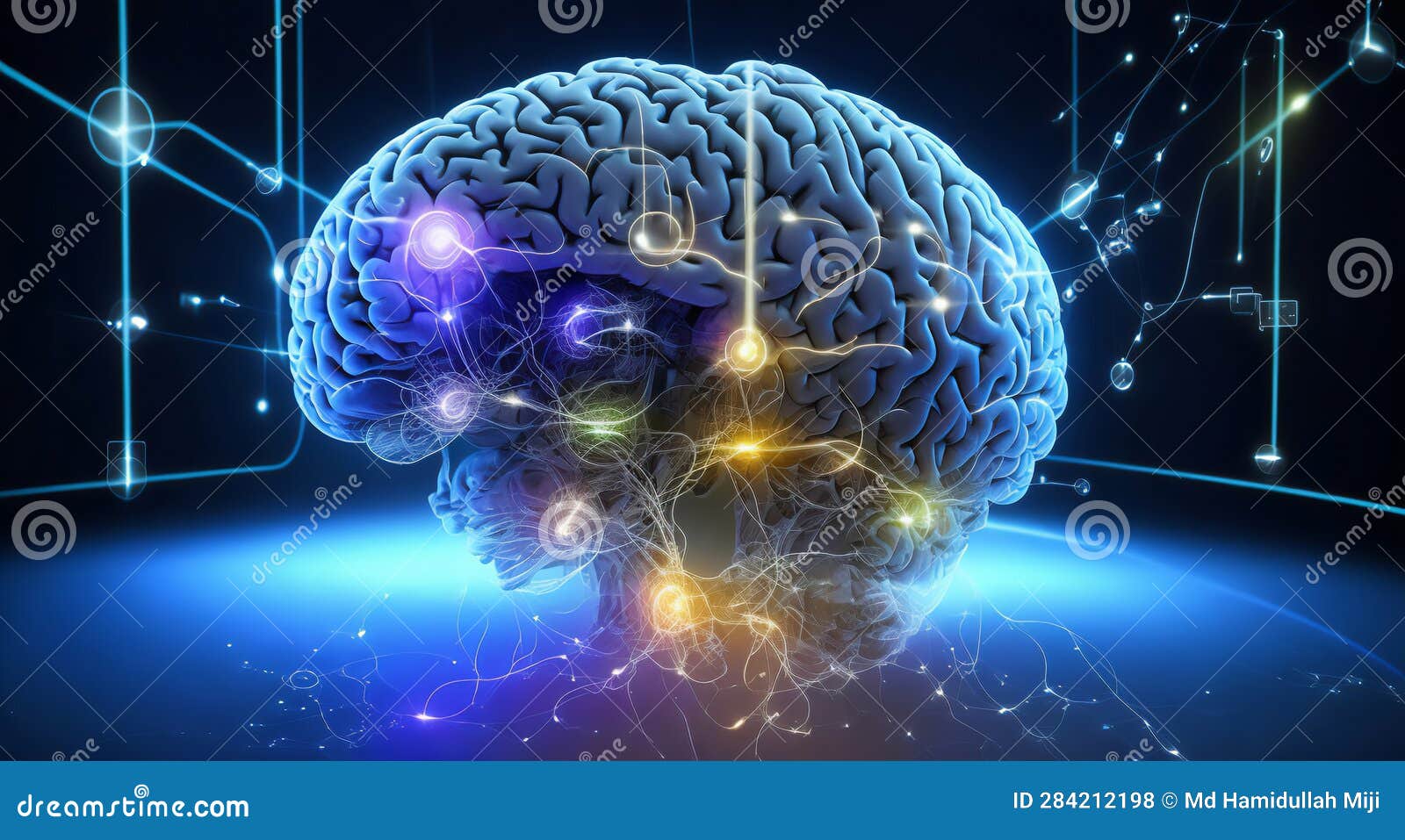 Digital Technology Human Brain with Blue Background Lighting Effects ...