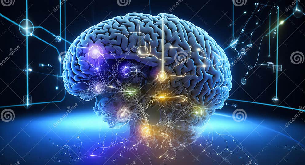 Digital Technology Human Brain with Blue Background Lighting Effects ...